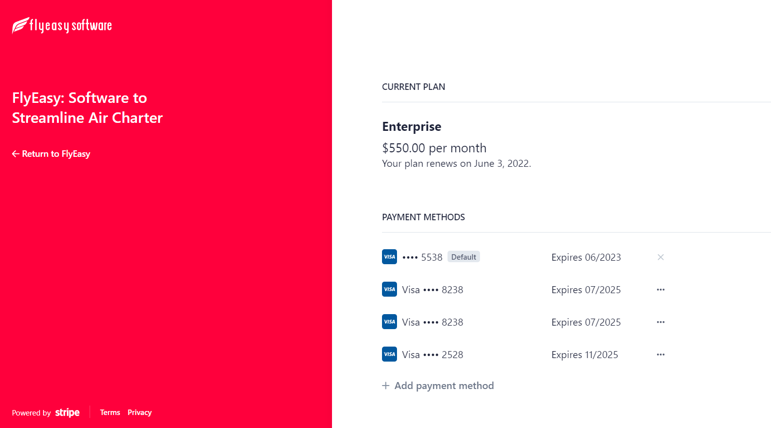 FlyEasy- Billing (update credit card/billing information and view ...
